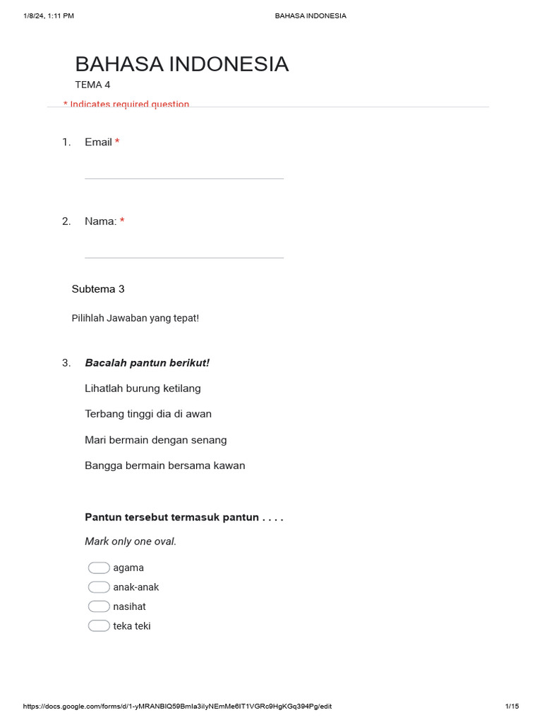 BAHASA INDONESIA Tema 4 - Google Forms | PDF