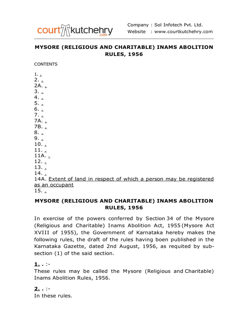 Mysore (Religious and Charitable) Inams Abolition Rules, 1956 | PDF | Justice | Crime & Violence