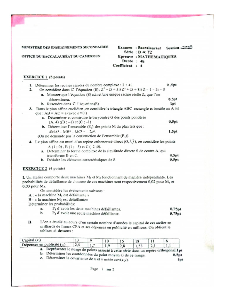 Cameroun BAC D 2020 Maths | PDF
