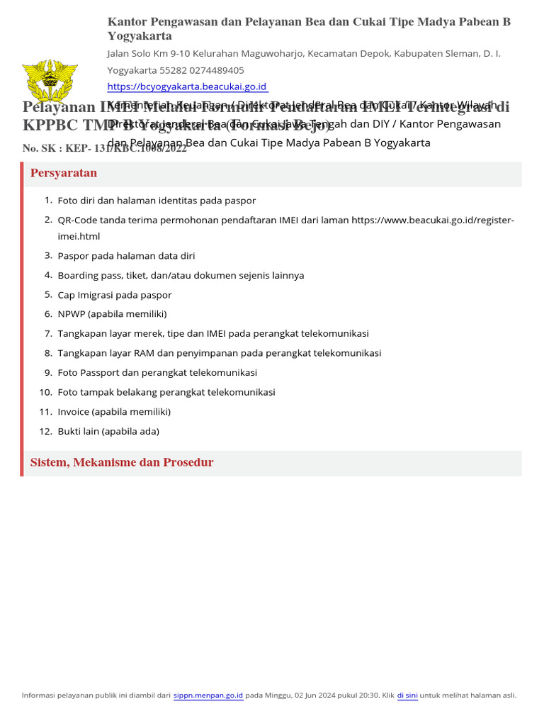 Unduh Standar Pelayanan - Pelayanan IMEI Melalui Formulir Pendaftaran IMEI Terintegrasi Di KPPBC ...