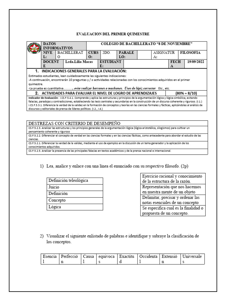 Eva - Quimestral Filosofia 2do | PDF | Conocimiento | Verdad