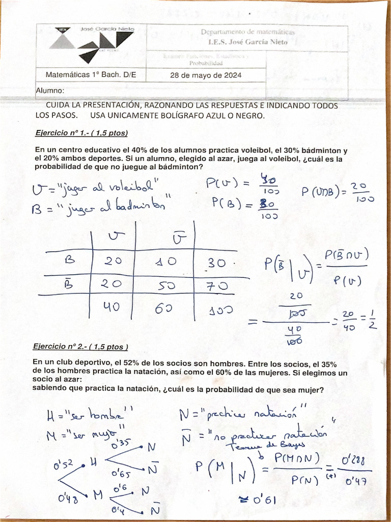 Examen corregido funciones y estadística global 3ª ev curso 23-24 | PDF