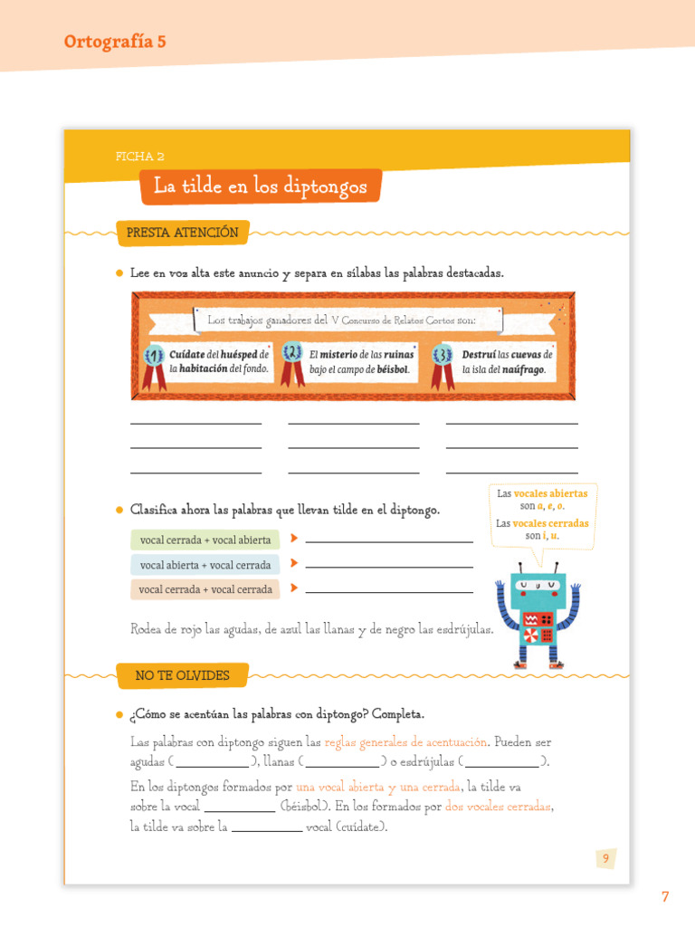 La Tilde en Los Diptongos: Ortografía 5 | PDF