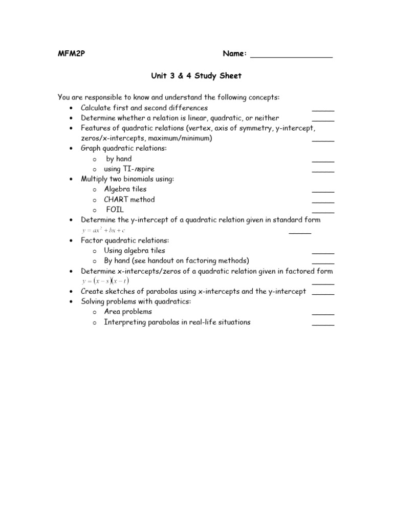 Study Sheet Unit3 4 Mfm2p | PDF
