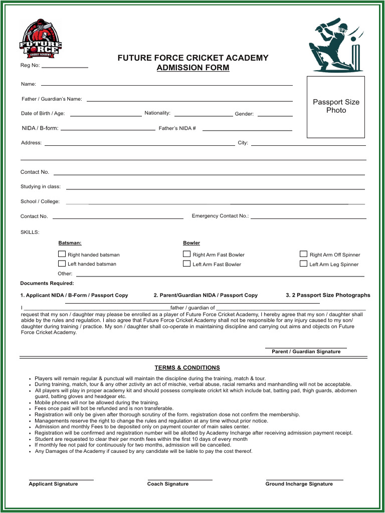Admission Form | PDF | Cricket | Bowling (Cricket)