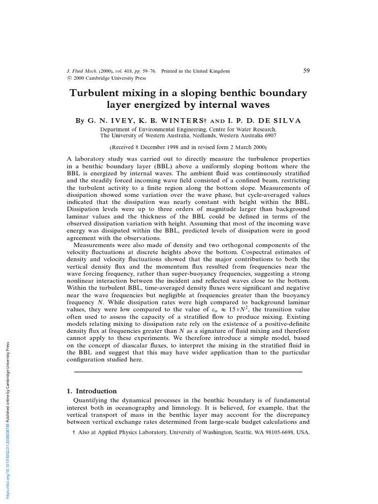 Ivey.et.Al.2000.Turbulent Mixing Boundary Layer Internal Waves JFM | PDF | Waves | Turbulence