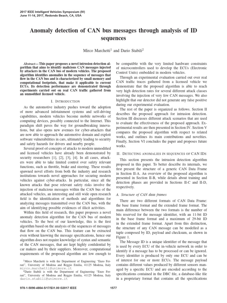 Anomaly Detection of CAN Bus Messages Through Analysis of ID | PDF | Matrix (Mathematics ...