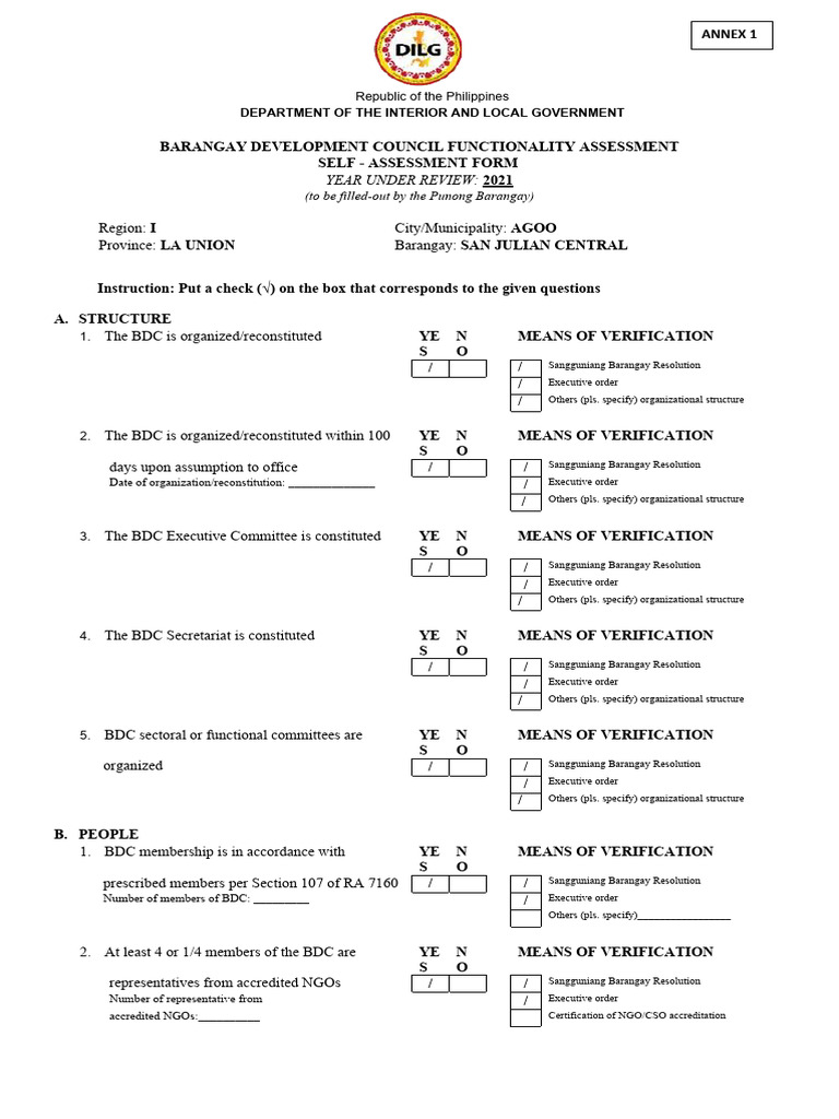 ANNEX 1 Self Assessment Form | PDF | Governance | Government