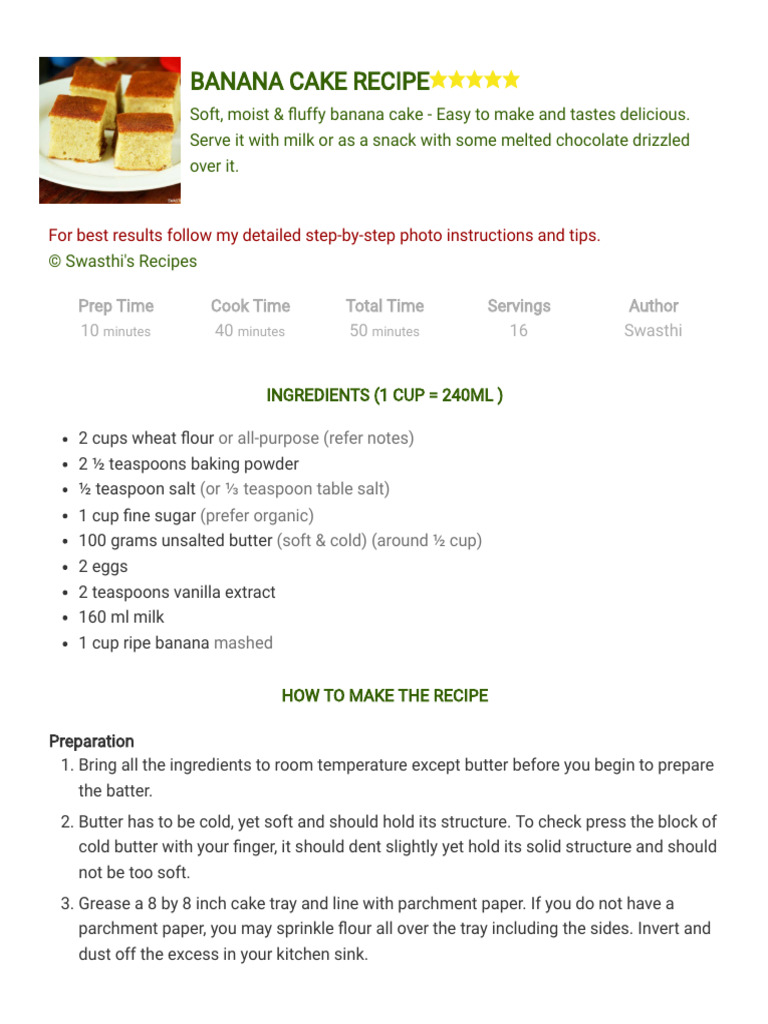 Banana Cake Recipe - Swasthi's Recipes | PDF | Cakes | Flour