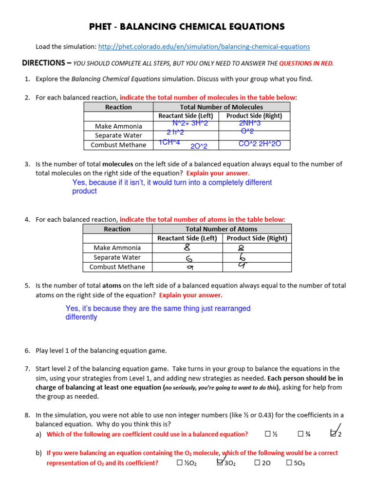 5 - PhET - Balancing Equations | PDF | Chemical Reactions | Unit Processes