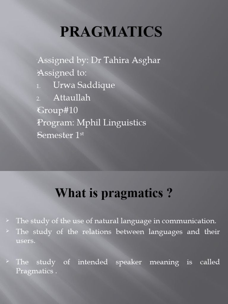 Pragmatics Presentation Mam Tahira | PDF | Grammar | Communication