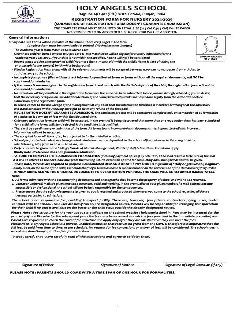 Registration Form For Nursery 2024-2025 | PDF | Identity Document | Parent