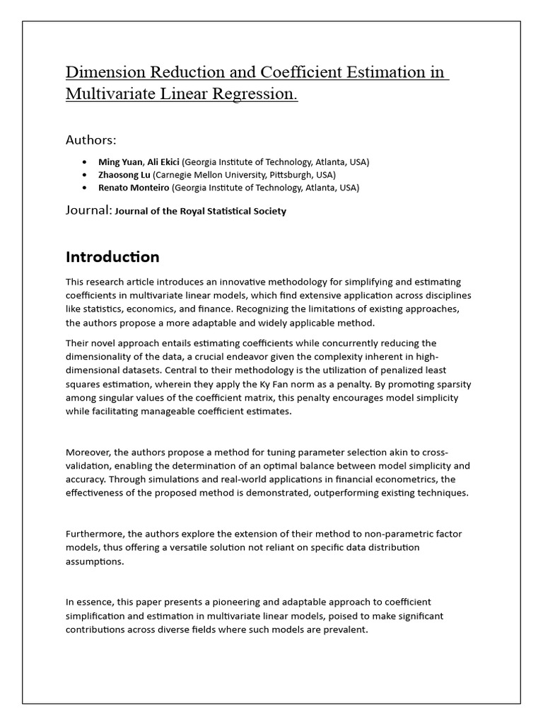 Dimension Reduction in Multivariate Regression | PDF | Linear ...