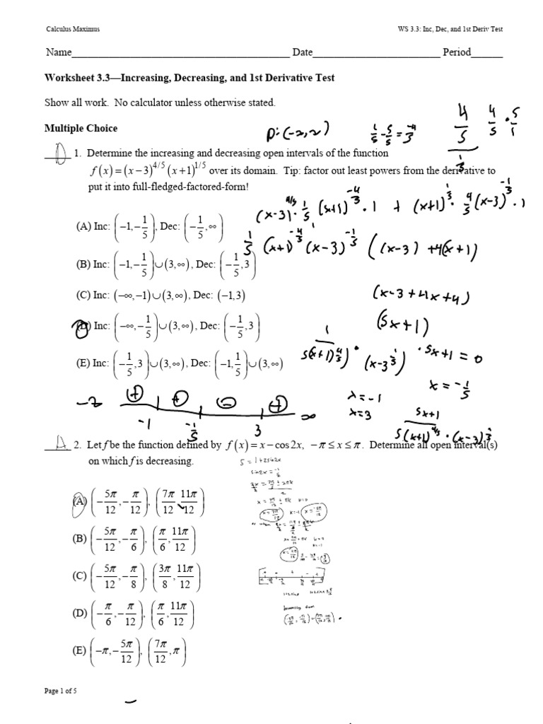 Ws 03 3 Increasing Decreasing And 1st Derivative Test Pdf Function Mathematics Applied