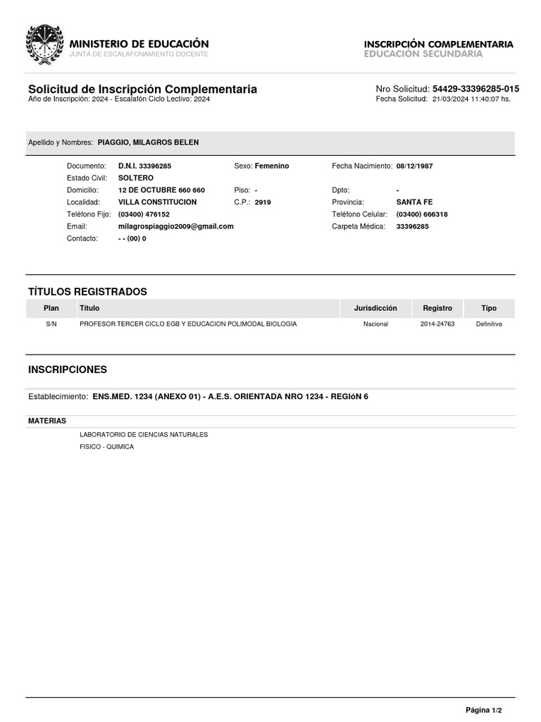 Solicitud de Inscripción Complementaria | PDF