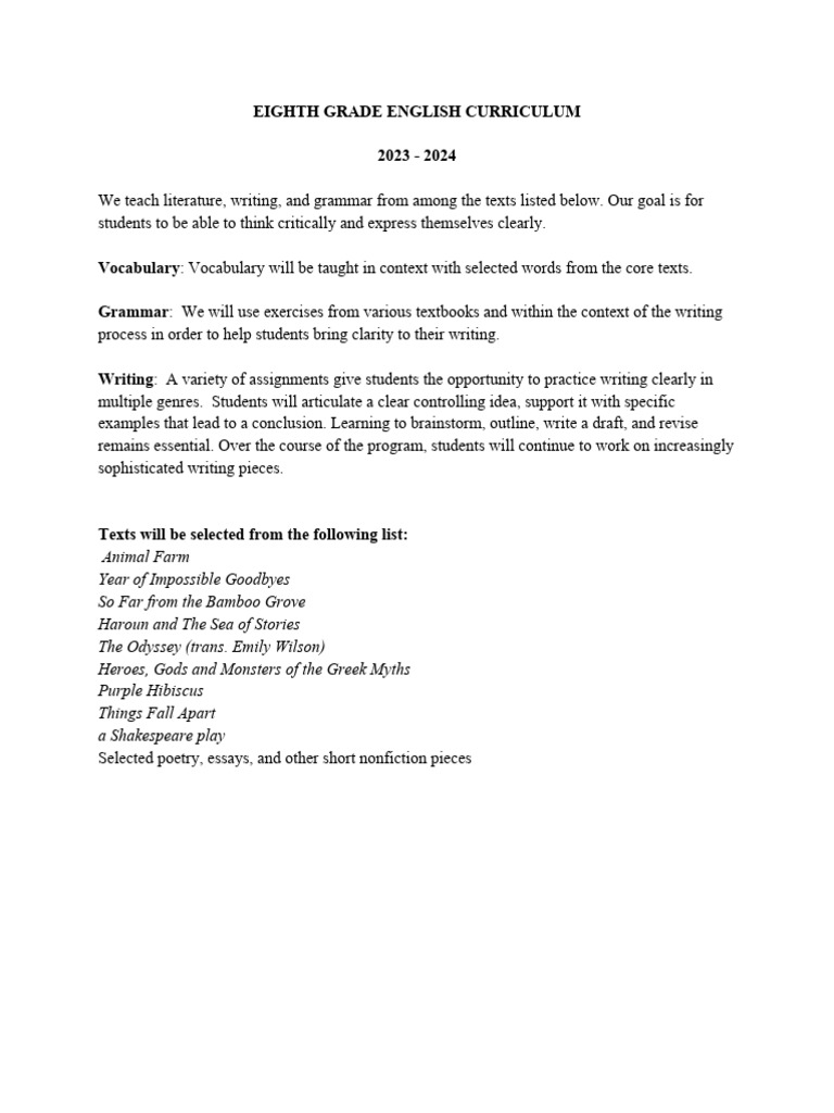8th Grade English Curriculum 23-24 | PDF | Curriculum | English Language