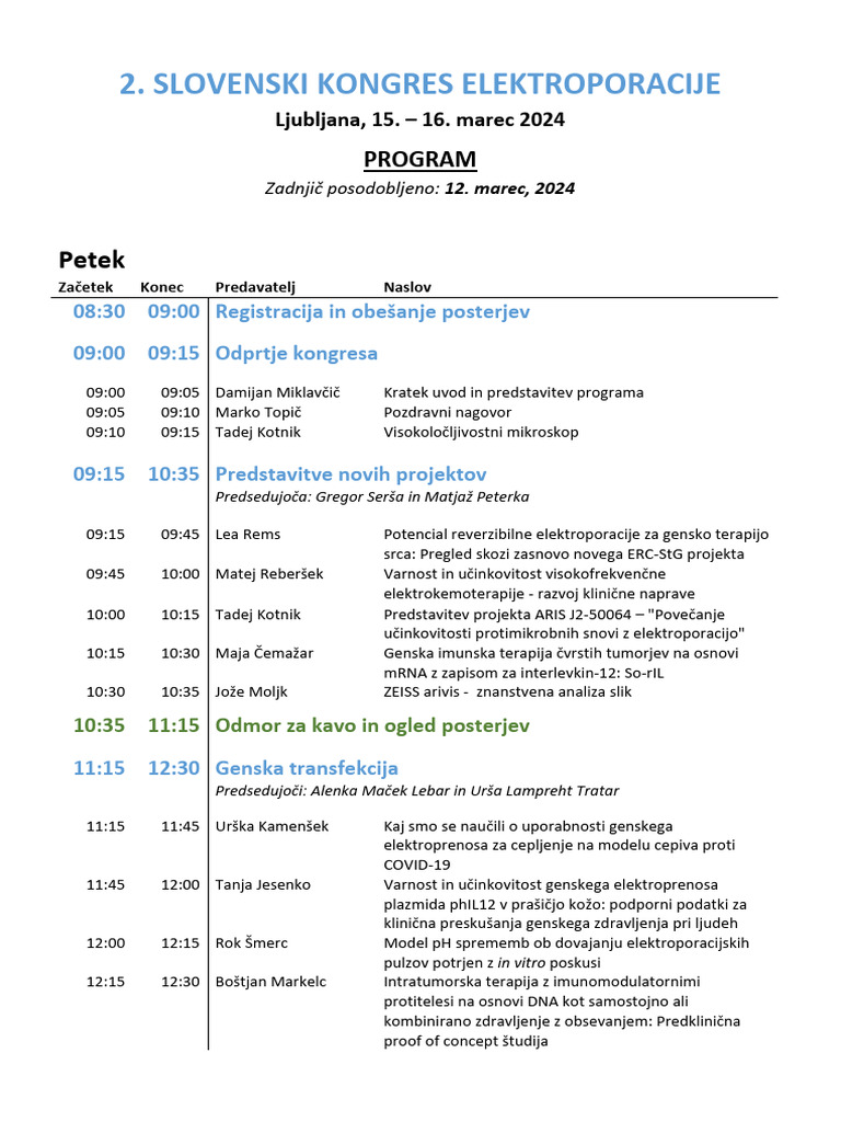Program II. Slovenski Kongres Elektroporacije 2024-03-12 v2 | PDF