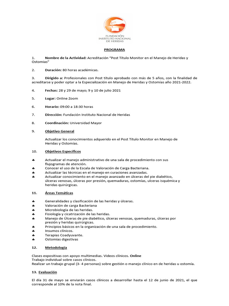 2) Programa Acreditación "Post Título Monitor en El Manejo de Heridas y Ostomias" | PDF ...