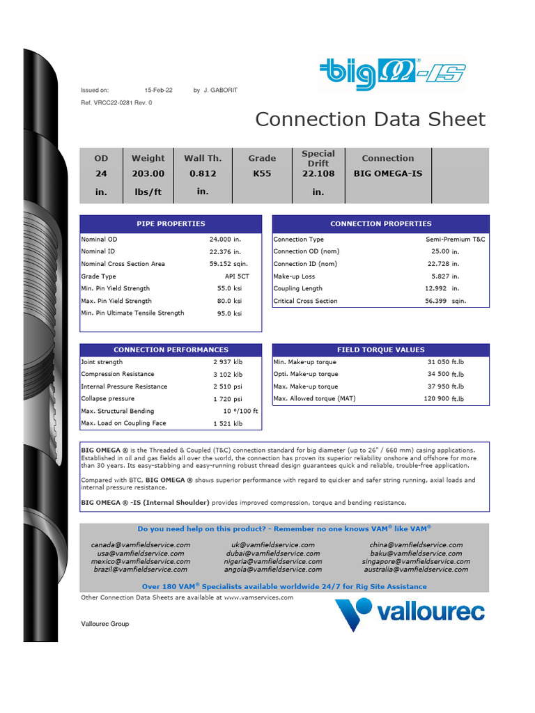 Vallourec - CDS VRCC 22-0281 24.000 203.00 K55 BIG OMEGA-IS SD22.108 ...