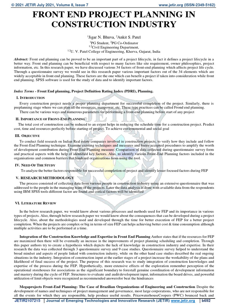 Front-End Project Planning in Constructi | PDF | Survey Methodology ...