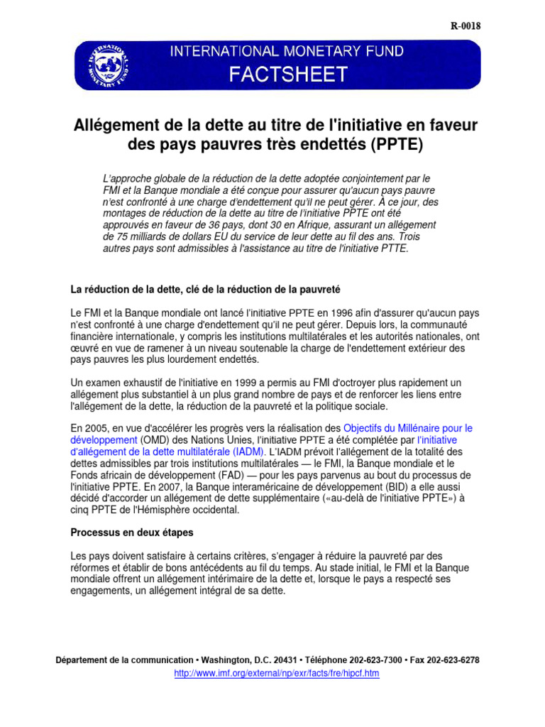 Allégement de La Dette Au Titre de L'initiative en Faveur Des Pays ...