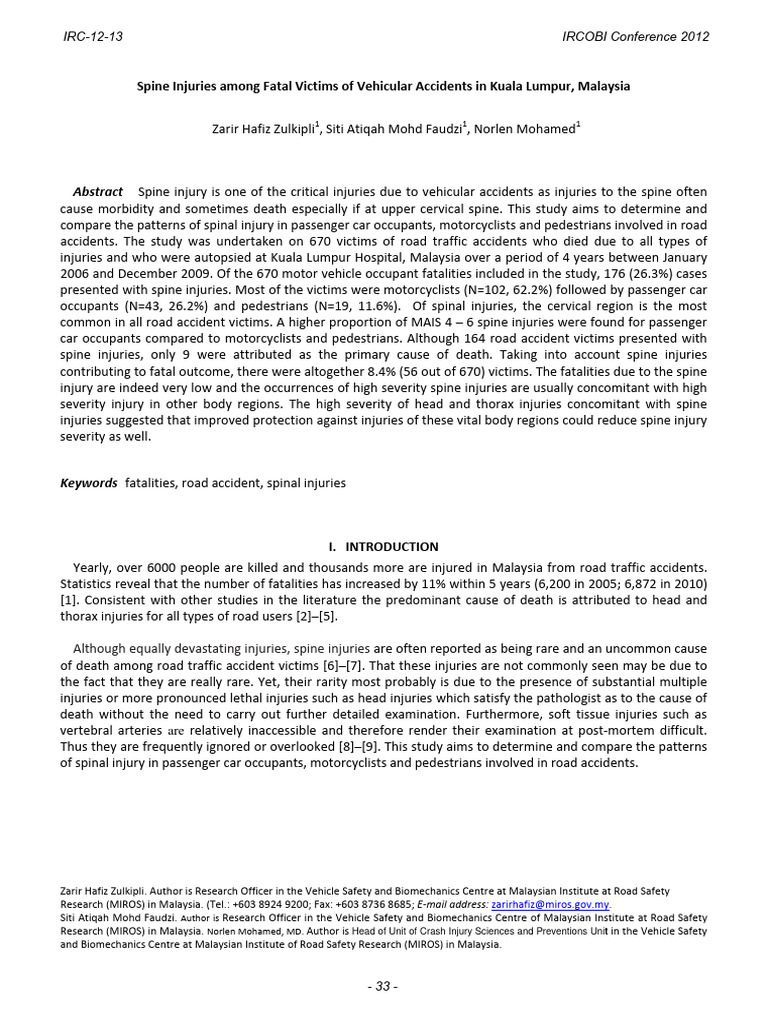 Spine Injuries Among Fatal Victims of Vehicular Accidents in Kuala ...