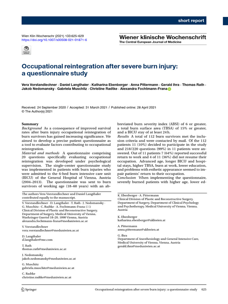 Occupational Reintegration After Severe Burn Injury | PDF | Medicine ...