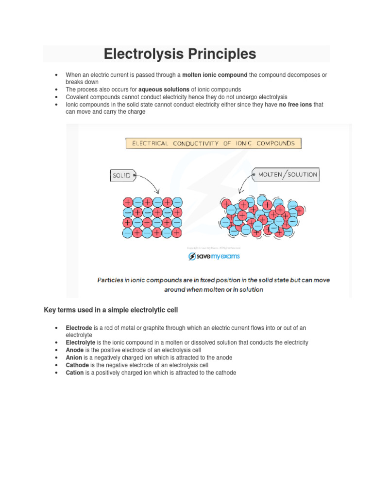 Electrolysis Principles | PDF | Ion | Anode