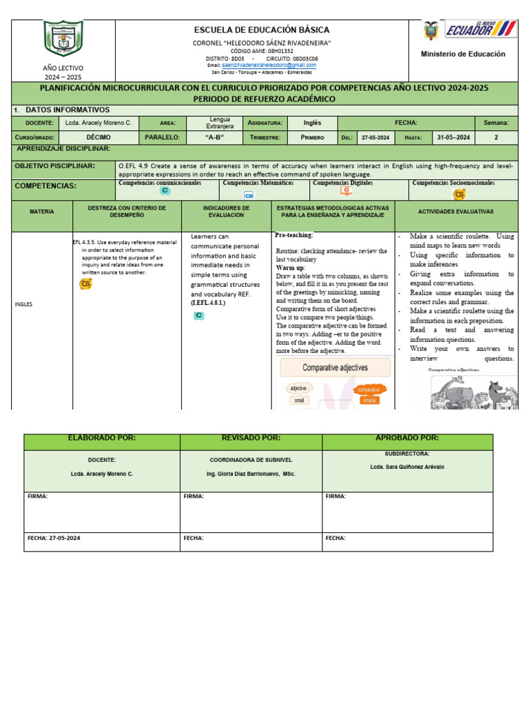 PLANIFICACION DE REFUERZO INGLES 10MO 27-05 Modificado | PDF | Sintaxis | Gramática