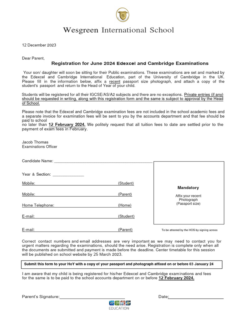 CIE Exam - June 2024 - Registration Form | PDF