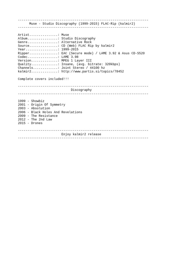 Muse - Studio Discography (1999-2015) FLAC-Rip (Kalmir2) | PDF | Art