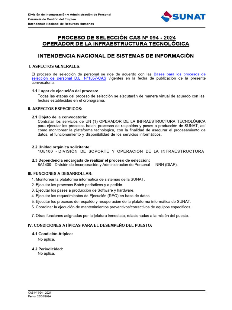 Proceso de Selección Cas #094 - 2024 Operador de La Infraestructura Tecnológica Intendencia ...