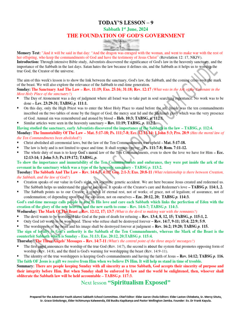 Summary Lesson 9 The Foundation of God's Government 2Q2024 | PDF | Biblical Sabbath | Ten ...