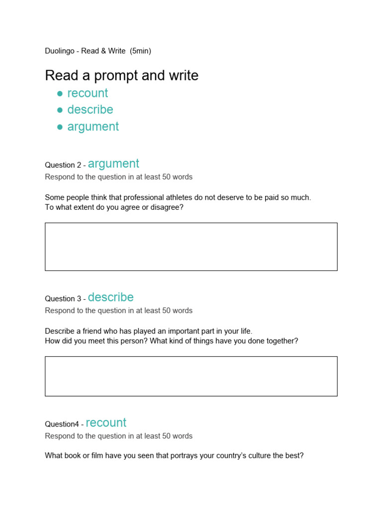 Duolingo Writing Prompts Guide | PDF | Career & Growth | Sports ...
