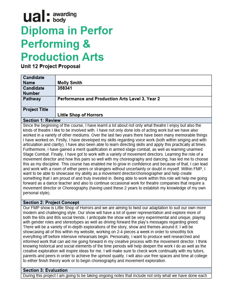 Project Proposal Form Molly 1 | PDF | Choreography | Puppets
