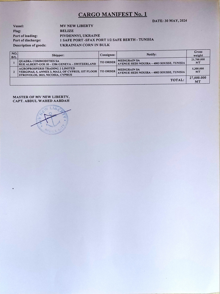 Cargo Manifest No. 1 | PDF