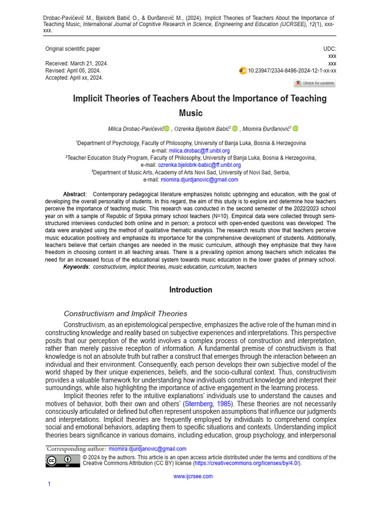 Implicit Theories of Teachers About The Importance of Teaching Music ...