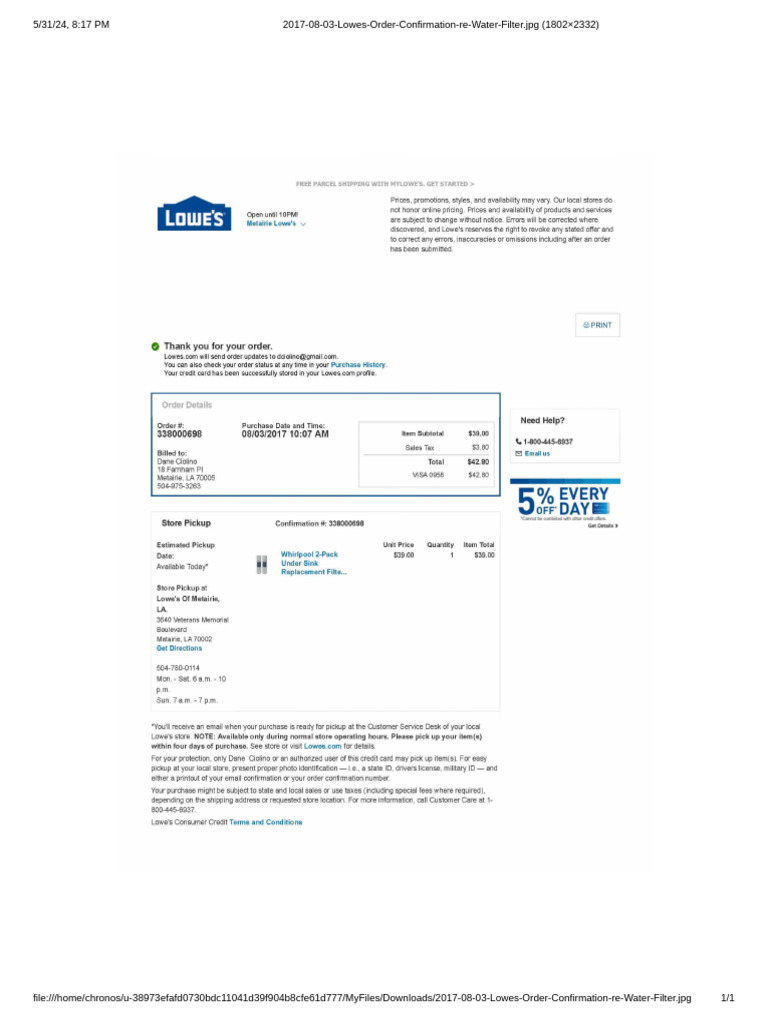 2017 08 03 Lowes Order Confirmation Re Water Filter | PDF | Science ...