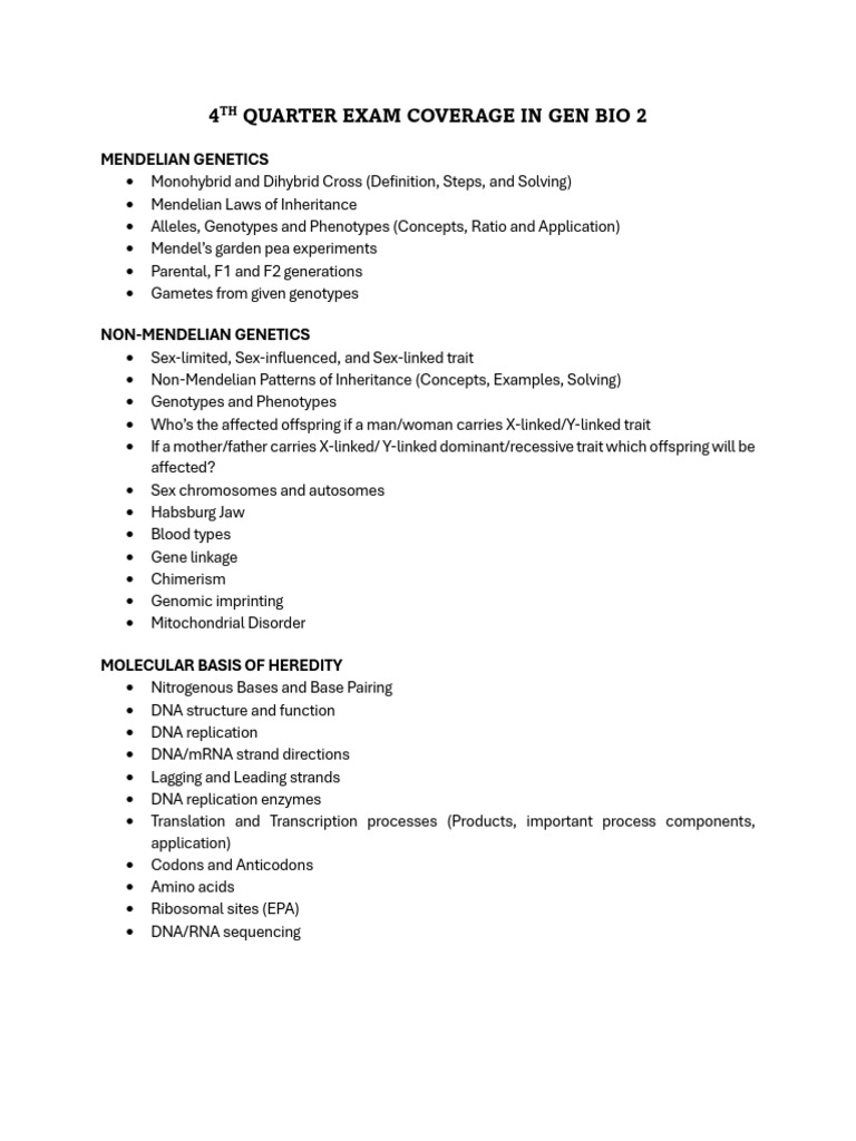4TH Quarter Exam Coverage in Gen Bio 2 | PDF | Genetics | Genotype