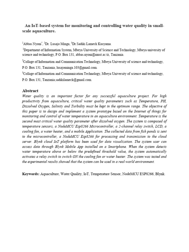 An IoT-based system for monitoring and controlling water quality in small-scale aquaculture ...