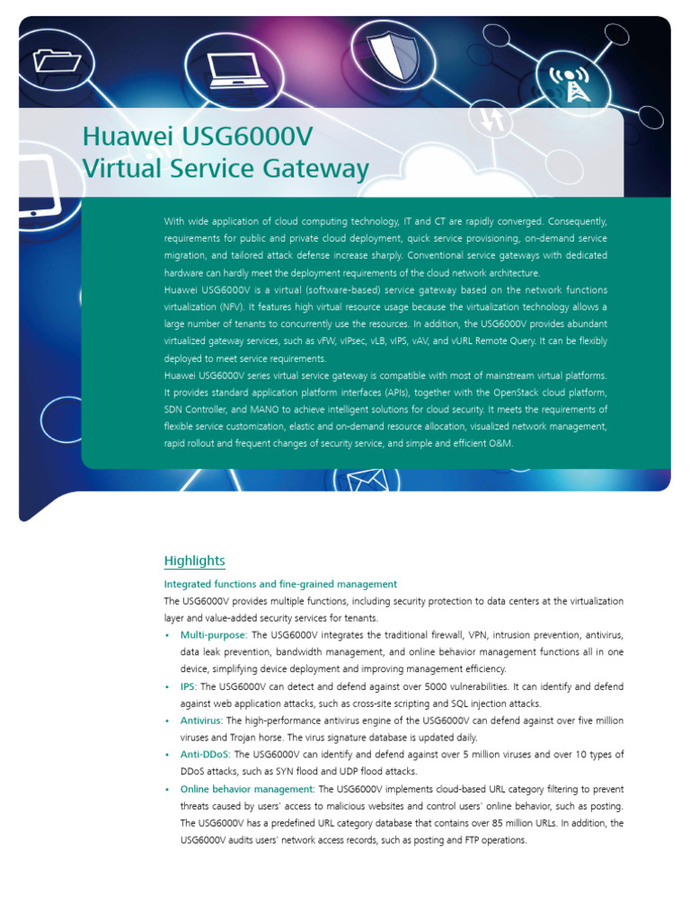 HUAWEI USG6000V Virtual Integrated Service Gateway Datasheet | PDF | Cloud Computing | Computer ...