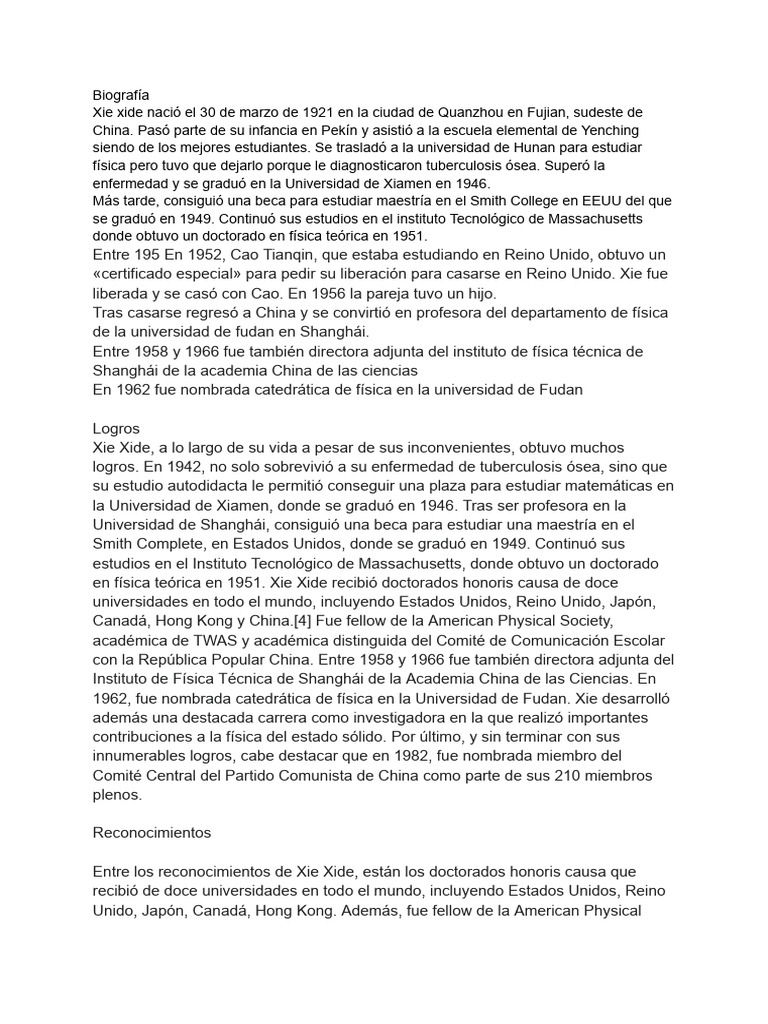 Biografía de Xie Xide: Pionera en Física | PDF | Science
