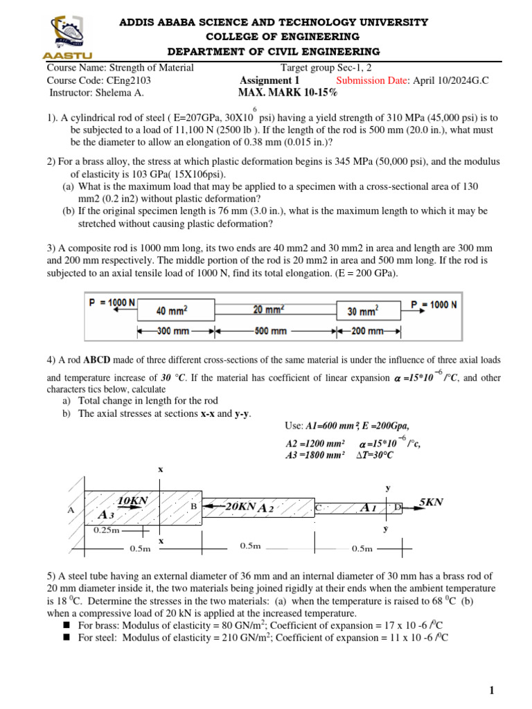 Strength of Material Assignment 1 | PDF | Strength Of Materials | Bending