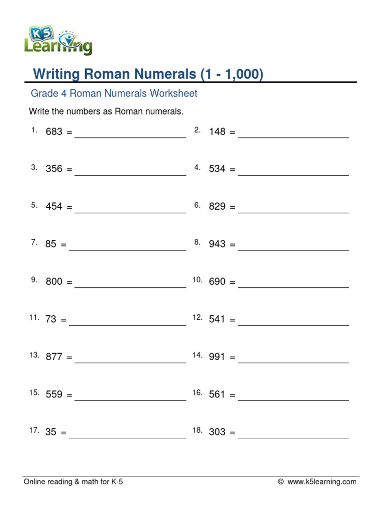 Grade 4 Roman Numerals Worksheet | PDF