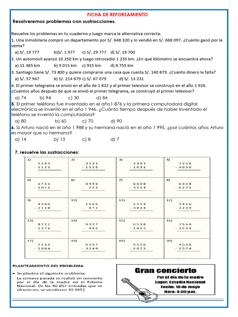 FICHA DE REFUERZO DE MATEMATICA PROBLEMAS DE SUSTRACCION | PDF