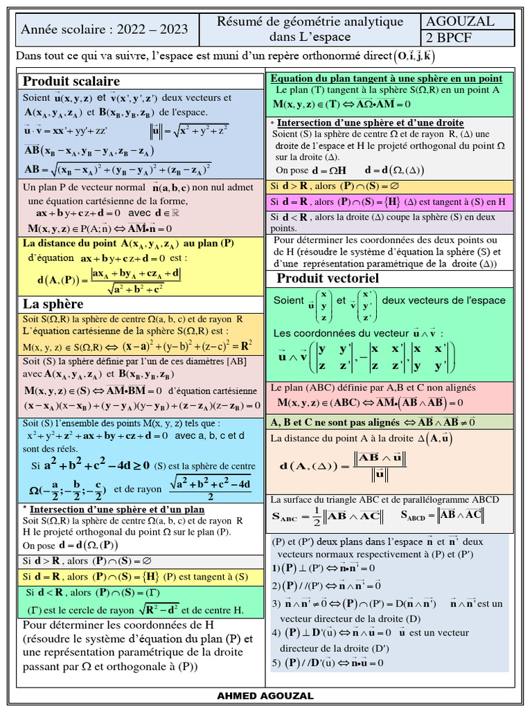 Résumé de géométrie dans l'espace 2 bac | PDF | Coordonnées ...