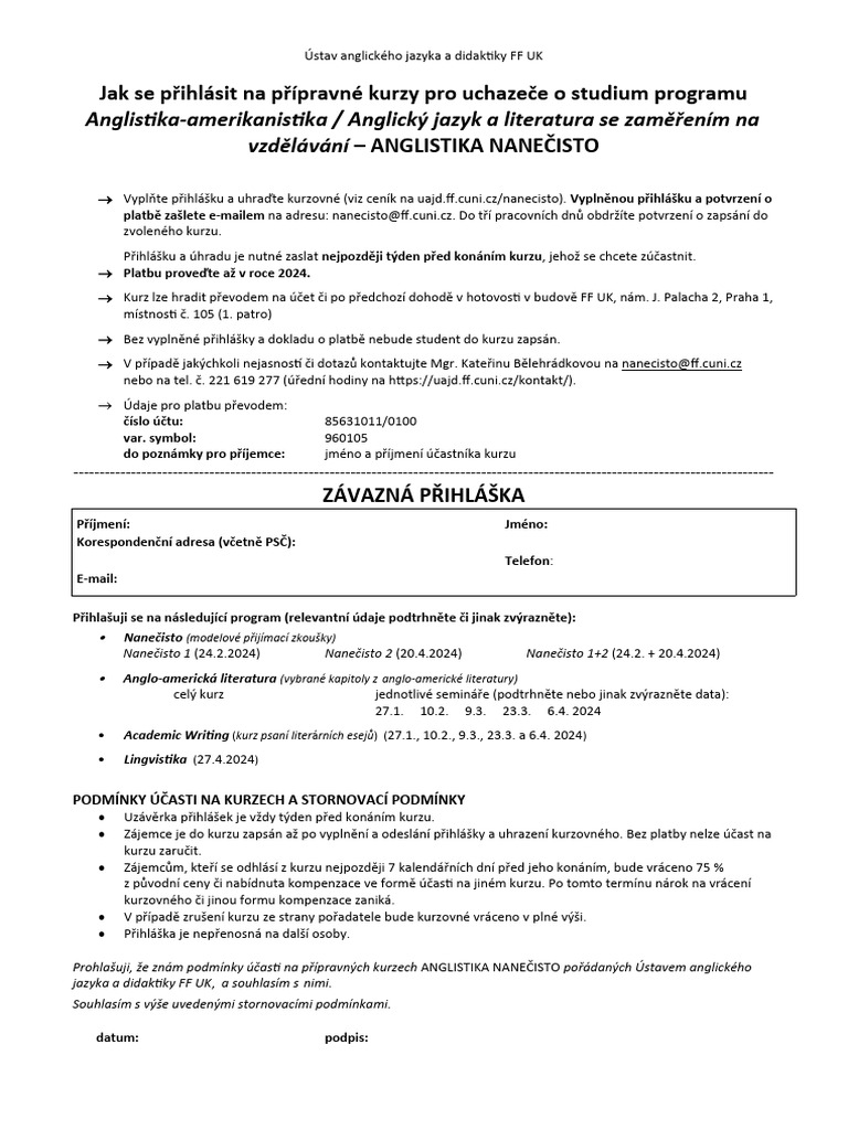 Anglistika NANECISTO Prihlaska 2024 | PDF