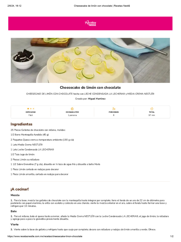 Cheesecake de Limón Con Chocolate - Recetas Nestlé | PDF | Tarta de ...