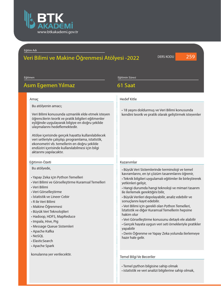 Veri Bilimi Ve Makine Ögrenmesi Egitim Bilgi Formu | PDF