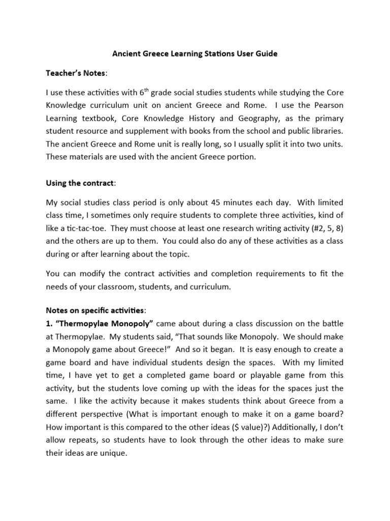 Ancient Greece Learning Stations User Guide Teacher's Notes | Download ...